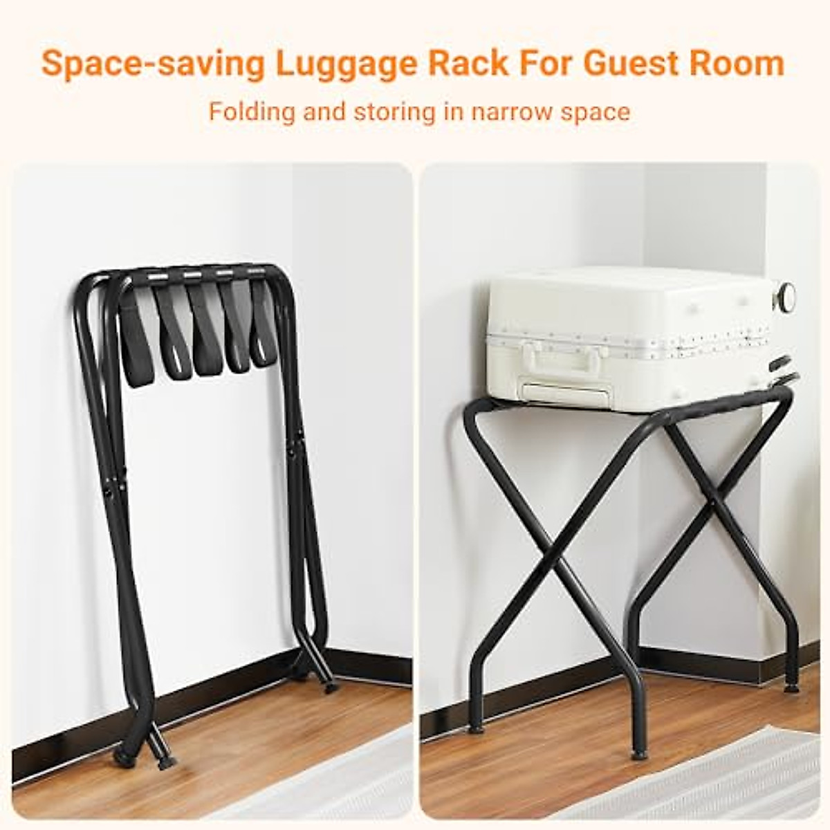 ELYKEN 2 Pack Folding Luggage Rack for Guest Room, Heavy Duty Max 110LBS Loading Bearing Suitcase Holder, Easily Assemble Metal Stand, Narrow Foldable Space Saving Hotel Storage Rack, Black