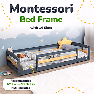 Twin Size Floor Bed with Safety Guardrails for Kids, Montessori Floor Bed with 2 Openings, Twin Bed Frame for Girls and Boys (Gray)
