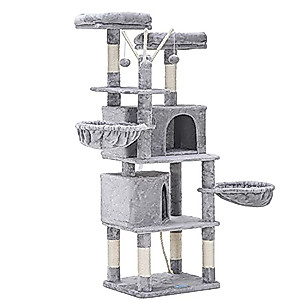 Hey-brother Cat Tree,Cat Tower,Cat Condo with Scratching Posts,Basket,2 Caves,2 Plush Perches,Activity Center with Removable Fur Ball Sticks,Light Grey MPJ027W