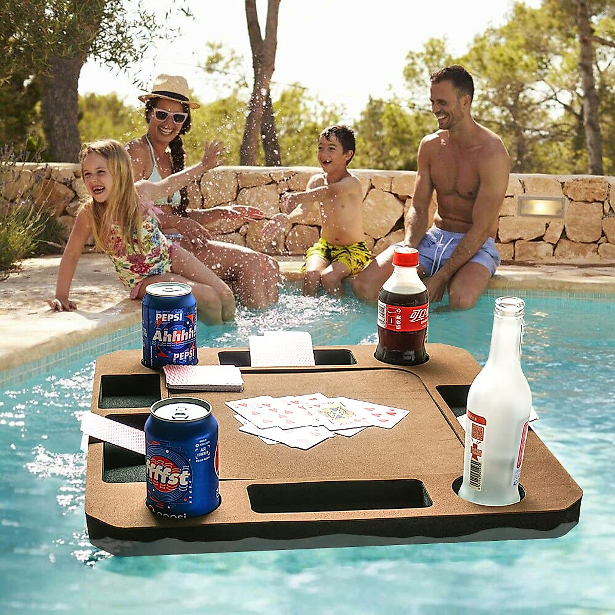 Floating Game or Card Table Tray for Pool or Beach Party Float Lounge Durable Foam Drink Holders with Waterproof Playing Cards (Brown)
