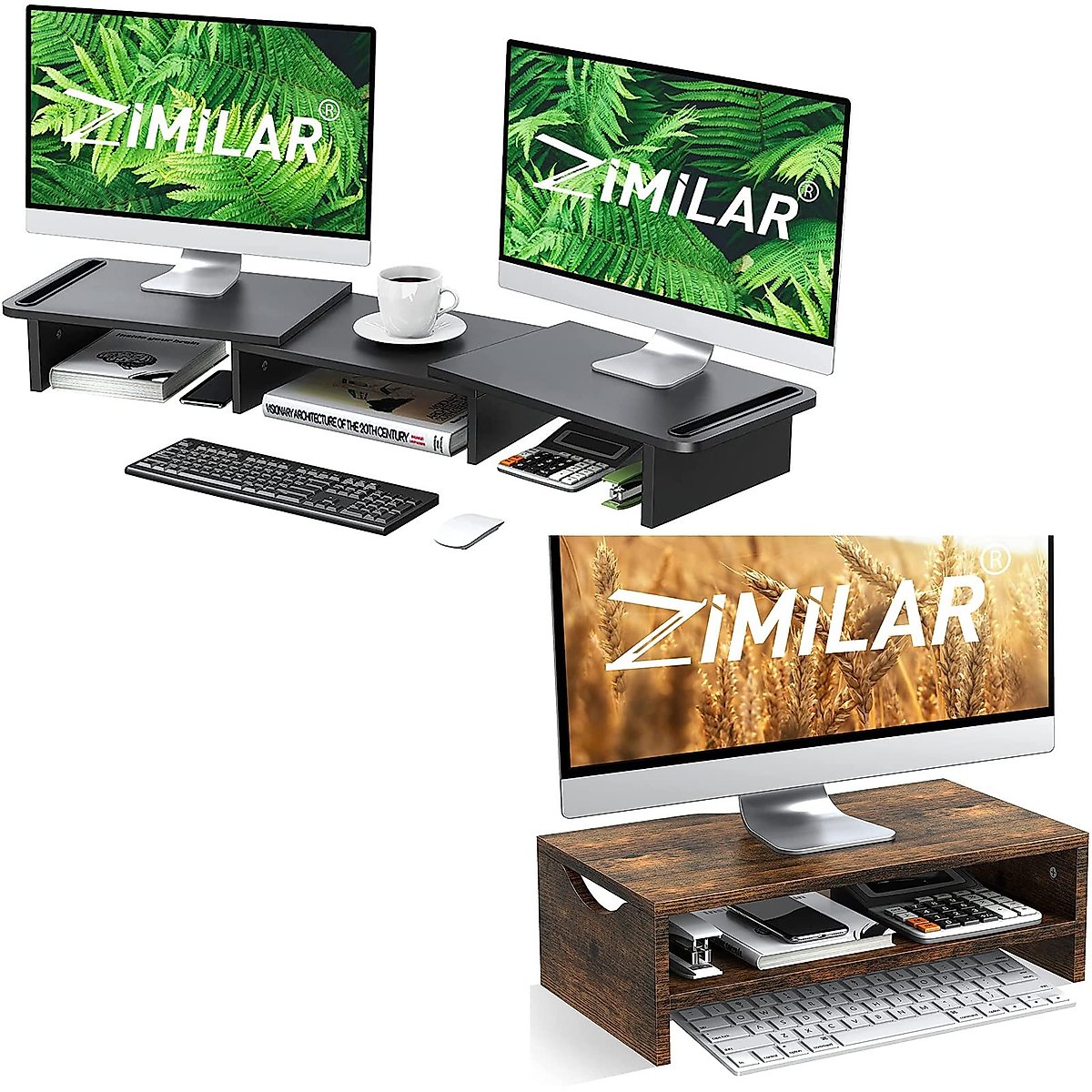 Zimilar Dual Monitor Stand Riser, Monitor Stand with Adjustable Length and Angle Monitor Stand Riser, 2 Tiers Laptop Computer Monitor Riser for PC Screen