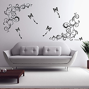 RW-051 Removable Black Vinyl Flower Vines Wall Decal Butterfly Wall Stickers Floral Wall Decor 3D Peel and Stick Art for Girls Bedroom Nursery Living Room Kids Babys Rooms Home Wall Decoration (B)