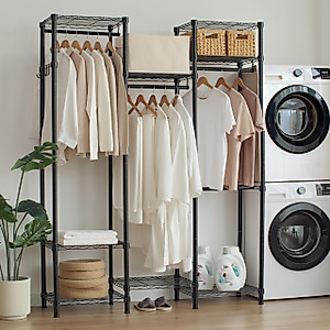 JS HOME Portable Closet Wardrobe Heavy Duty Clothes Rack, Freestanding Clothing Rack with 4 Hang Rods & 8 Shelves, Adjustable Closet Rack, 57" L x 15.7" W x 76.8H, Max Load 925LBS, Black