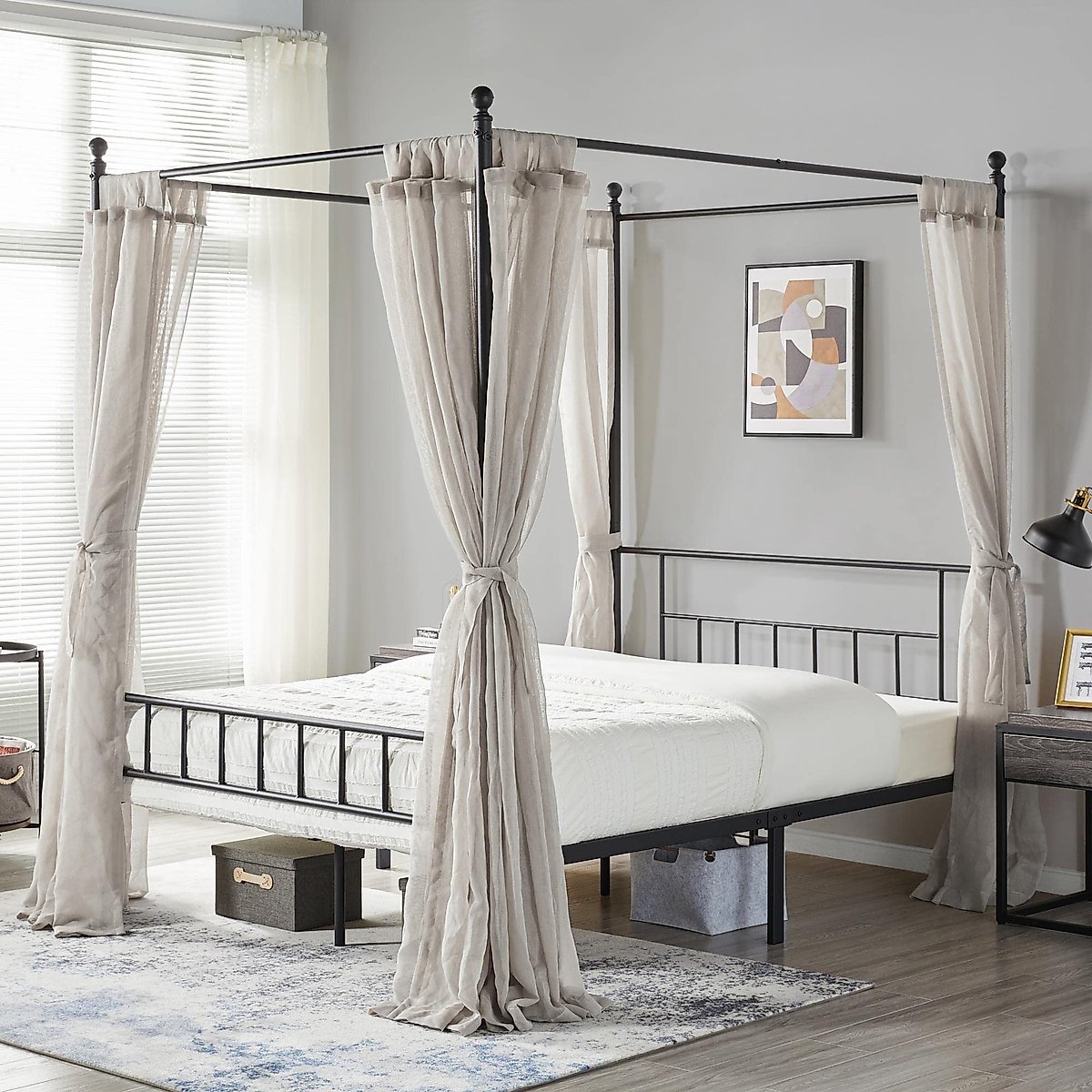 Yaheetech Canopy Bed Frames Platform Bed Frame Four-Poster Canopied Bed Mattress Foundation with Headboard and Footboard Sturdy Slatted Structure No Box Spring Needed Easy Assembly Full/Black