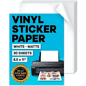(30 Sheets) Printable Vinyl Sticker Paper for Inkjet Printer Waterproof - White, Matte, 8.5 x 11 Inkjet Sticker Paper, Cricut Sticker Paper Printable , Waterproof Sticker Paper / Paper Plan