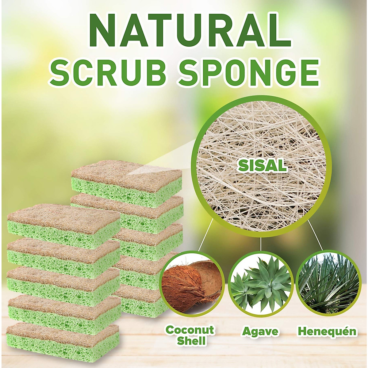 SCRUBIT Natural Sponges - 10 Pack Biodegradable Compostable Cellulose and Coconut Natural Sponges for Dishes, Eco Friendly Non Toxic Kitchen Sponge
