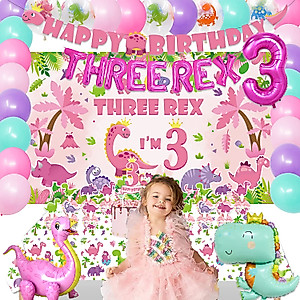 KOTLMIGHT Dinosaur Birthday Party Supplies for 3 Year Old Girl, Three Rex Pink Dinosaur Dino Party Decorations for Girls Baby - Backdrop, Banner, Toppers, Cupcakes Wrappers, Balloons and Tablecloth