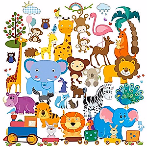 Wall Decals for Kids - Safari Adventure Decorative Peel & Stick Animal Wall Art Sticker for Baby's & Kids Room, Nursery, Classroom, Playroom, and Party Decorations - 55 PCS