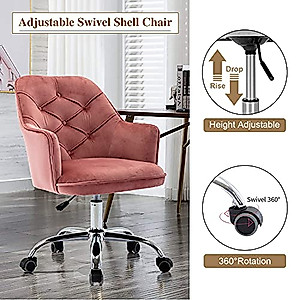 Henf Velvet Home Office Chair on Wheels, 360° Swivel Chair Desk Chairs Vanity Chair Modern Tufted Chair with Armrest, Height Adjustable Comfortable Upholstered Office Chair Task Chair (Warm Pink)