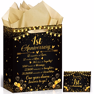 1st Anniversary Paper Gift Bag Black Gold One Year Wrapping Paper Bag with Tissue Paper Card Happy First Wedding Anniversary Party Gift Bag for Couple Wife Husband 1st Wedding Anniversary Decorations