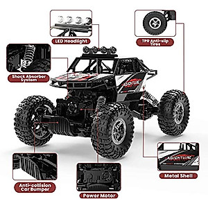 DEERC DE45 RC Cars Remote Control Car 1:14 Off Road Monster Truck,Metal Shell 4WD Dual Motors LED Headlight Rock Crawler,2.4Ghz All Terrain Hobby Truck with 2 Batteries for 90 Min Play,Boy Adult Gifts