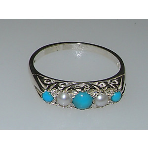 925 Sterling Silver Natural Turquoise and Cultured Pearl Womens Band Ring - Size 7.75