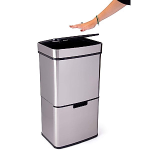 Displays2go 11 Gallon Stainless Steel Trash Bin, Motion Sensor, w/Drawer - Silver (FGETCSS67)