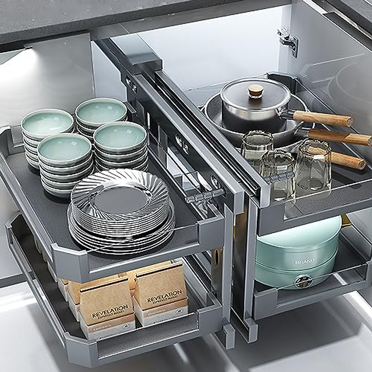 AHDFY Kitchen Aid Dish Rack, Dish Drying Rack, Swivel Full Pull Out Dish Rack, Turntable Lazy Susan Organizers for Handed Open Blind Corner Cabinet Organizer,900CABINTE