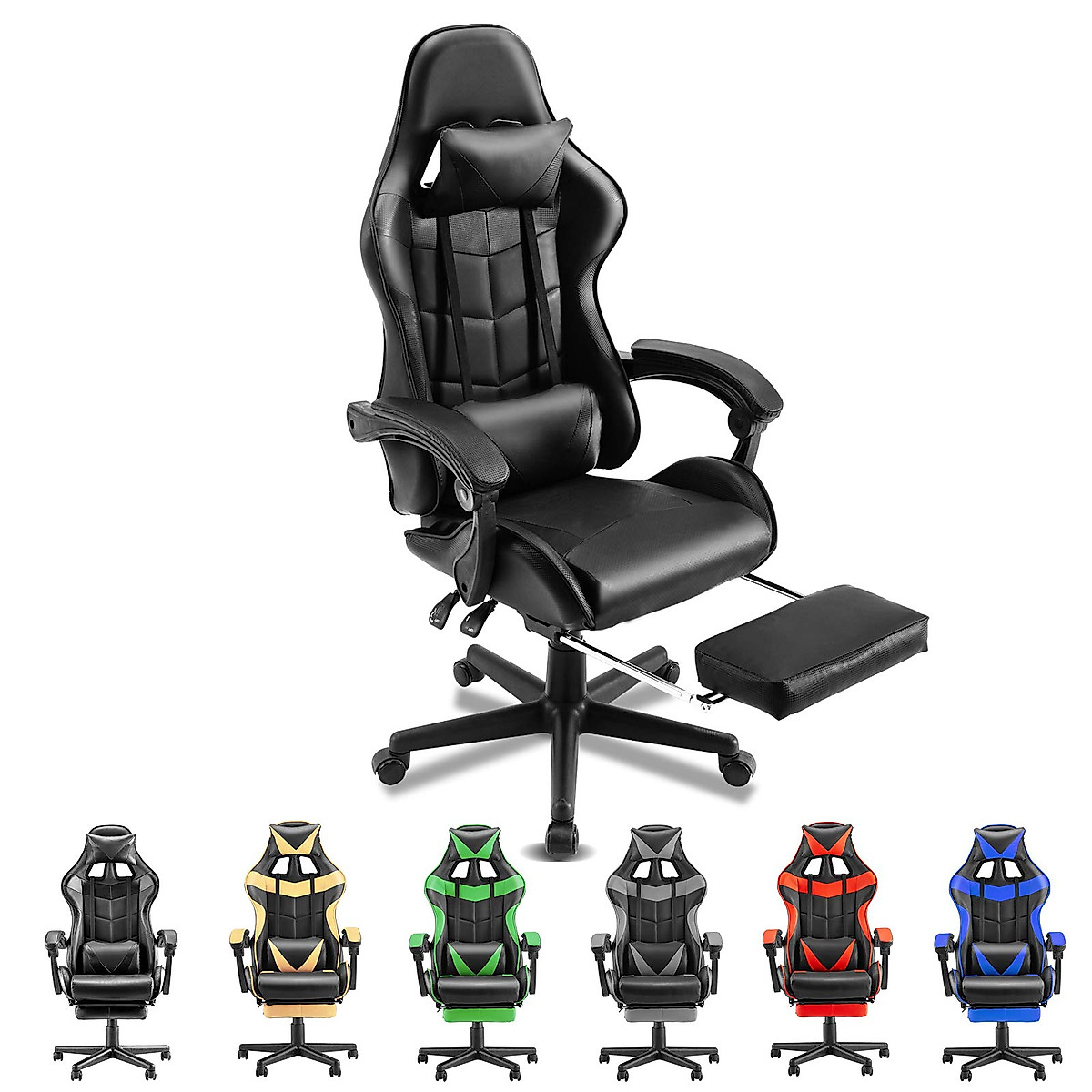 Soontrans Gaming Chairs with Footrest, PU Leather Office Chair, Gamer Chair,Ergonomic Game Chair with Height Adjustment, Lumbar Support (Carbon Black)