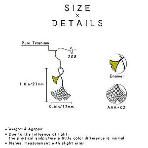 Ginkgo Leaf Earrings Hypoallergenic Titanium Dangle Earrings For Women, Sparkly Cubic Zirconia Enamel Drop Earrings Lightweight Handmade, Pure Titanium Earrings Hooks for Sensitive Ear