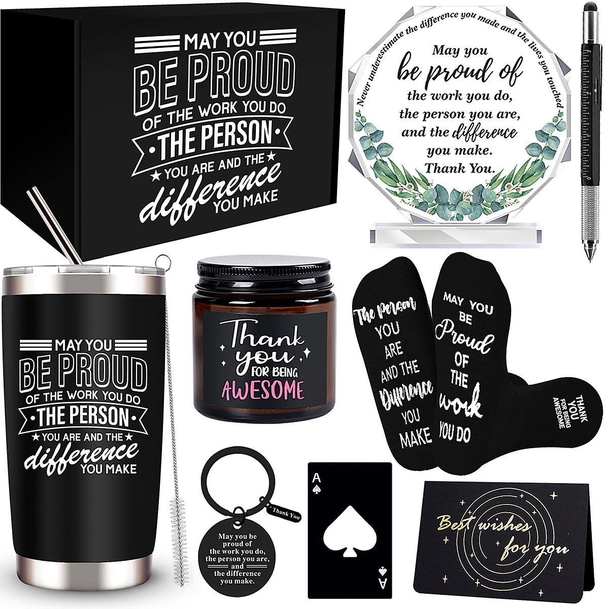 SIXVALA Employee Appreciation Gifts Set, Best Coworker Gifts for Men, 20 Oz Tumbler Thank You Gifts Basket with Scented Candle Socks Keychain Inspirational Acrylic Sign for Employee Teacher Professor