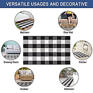 BEDELITE Buffalo Plaid Rug 27.5x43 Inches, Washable Hand Woven Braided Cotton Front Door Mat Indoor Outdoor, Farmhouse Checked Black and White Area Rug for Entryway, Living Room, Kitchen, Porch Decor