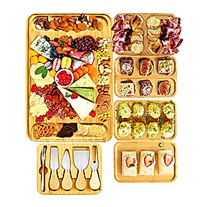 Bamboo Cheese Board, 5 Piece Large Charcuterie Boards and Knife Set - House Warming Gifts New Home, Wedding Gifts for Couple, Party Serving Platter, Anniversary Birthday Christmas Present for Women