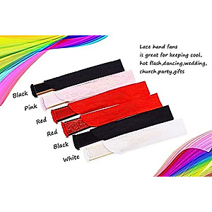 Womens Multi Color Handmade Cotton Lace Folding Hand Fan (Black-A) (6-pac)