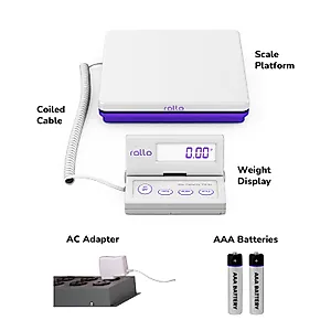 Rollo Shipping Scale for Packages - Digital Shipping Postal Scale (110 Lb Max) - Hold and Tare Functions - Includes AC Adapter and 2X AAA Batteries