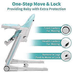 PAPAMIA Baby High Chair for Toddlers, Folding Portable Infant Feeding Dining Chair, 5-Level Height Adjust Easy-to-Clean Baby Chair with Safety Buckle (Blue)