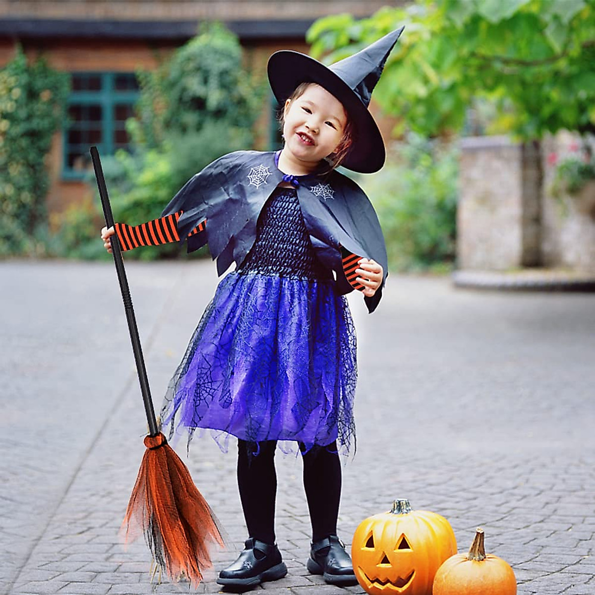 JNYLLN 4Pcs Halloween Witch Broom, Halloween Cosplay Dress Up Costume Halloween Witch Hat Halloween Witch Broomstic Props Cute Witch Broom (Orange)