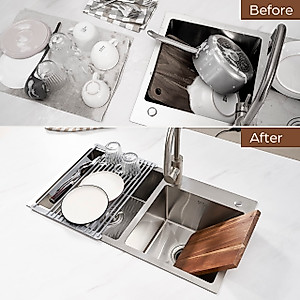 BELLE TERRE Roll Up Dish Drying Rack for Kitchen Sink - 17.5" x 12.8" - Silicone Roll-Up Dish Rack with Utensil Tray - Roll Out Dish Drying Rack Over Sink - Solid Steel Construction