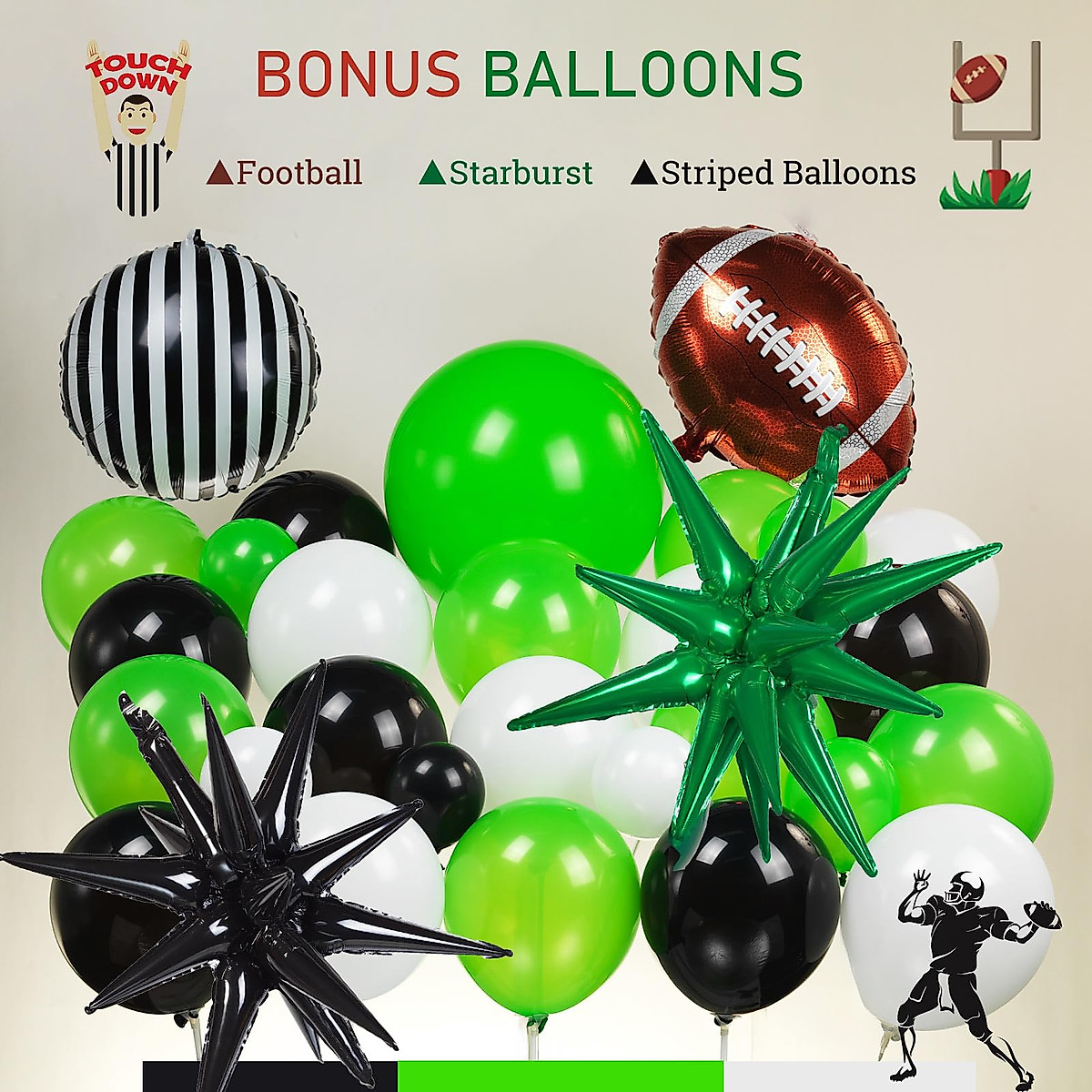 Football Balloon Garland Arch Kit 118 Pcs Green Black and White with Starburst mylar Balloons for Sports Theme Baby Shower Birthday The Big Game Party Supplies Decoration