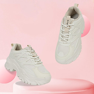 Niluber Chunky Sneakers for Women Platform White Mesh Dad Walking Shoes Comfortable Breathable Casual Fashion Running Shoes(Beige,11)