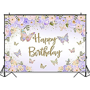 Avezano Purple Butterfly Birthday Backdrop for Girl's Purple Peach Floral Pastel Butterflies Birthday Background Pink Lilac Purple Gold Wishes and Butterfly Kisses Party Decorations Photoshoot (7x5ft)