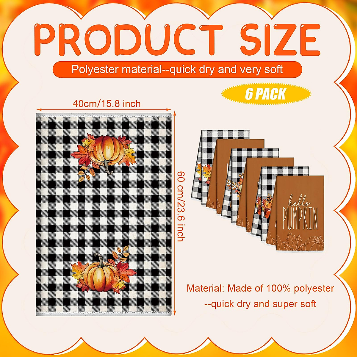 Mixweer 6 Pcs Fall Kitchen Towels 16 x 24 Inch Autumn Pumpkin Dish Towels Buffalo Plaid Hand Towels Absorbent Thanksgiving Maple Leaf Truck Tea Towels Dish Cloths for Fall Kitchen Bathroom Decor