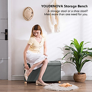 YOUDENOVA 30 Inches Folding Storage Ottoman Bench, Velvet Storage Chest, Footrest Couch with Wooden Legs, Support 350lbs for Bedroom, Living Room, Hallway, Grey