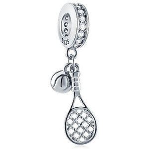 Tennis Ball and Racket Dangle Charms fits Pandora Sport Bracelet, 925 Sterling Silver Tennis Racquet Pendant Beads with CZ, Gift for Sister/Brother or Son/Daughter/Sport Lover