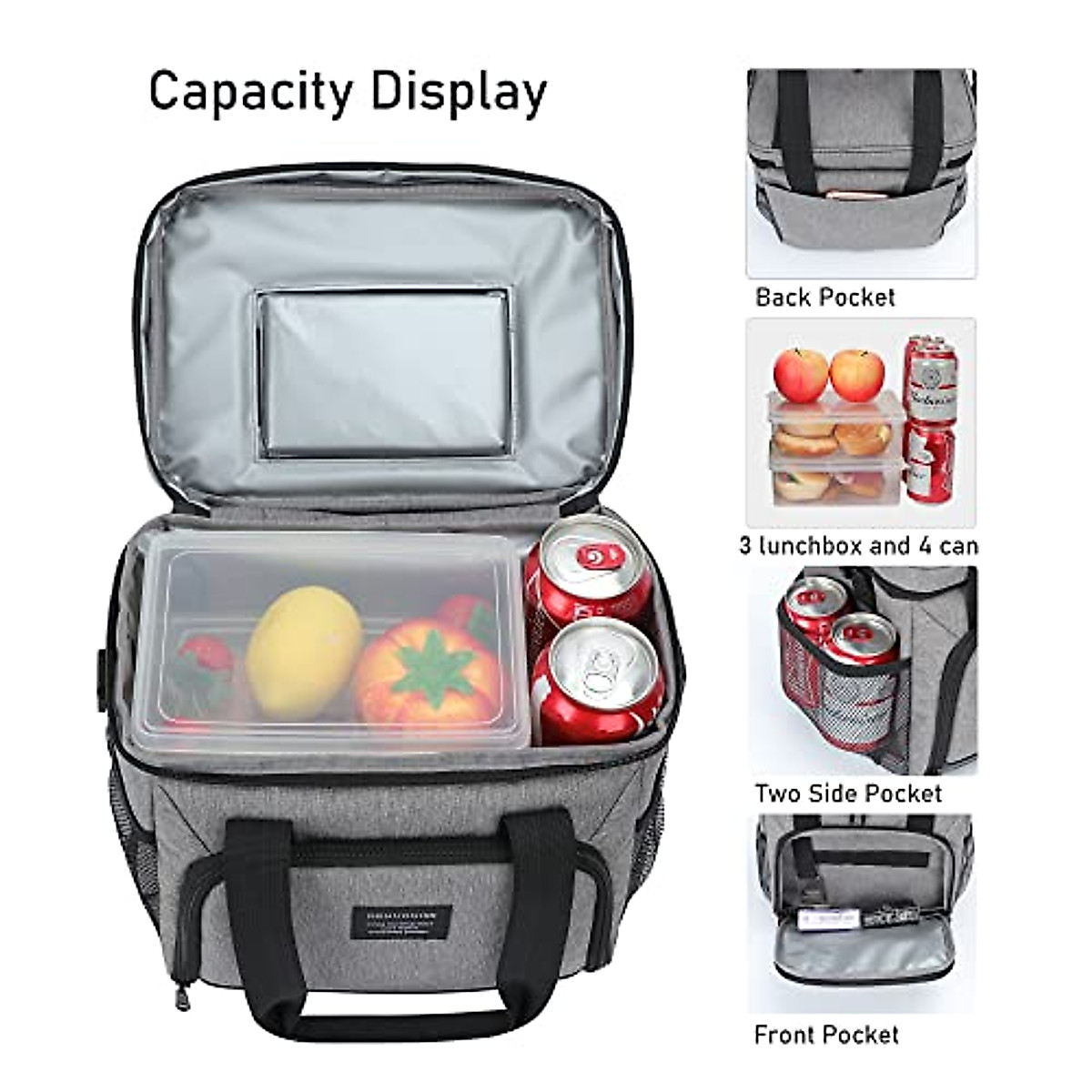 DENUONISS Insulated Lunch Bag for Women/Men Foldable Soft Lunch Cooler Bag Tote Adult Lunch Box Bag Frozen Lunch Bags Thermal Bento Bag for Work Travel Beach Camping,(12L) 16-Can, Gray