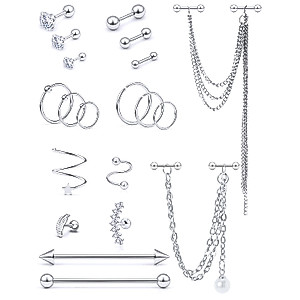 Dyknasz 16G Stainless Steel Industrial Barbell Cartilage Earrings with Chain Triple Forward Helix Stud Tragus Ear Hoop Ring Piercing Jewelry for Women Men