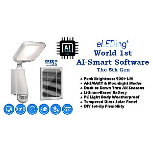 eLEDing 1000LM CREE LED World's 1st AI Smart 180-Degree Motion Activated Outdoor Solar Powered Security Flood Spot Parking Garden Backyard Path Light Floodlight