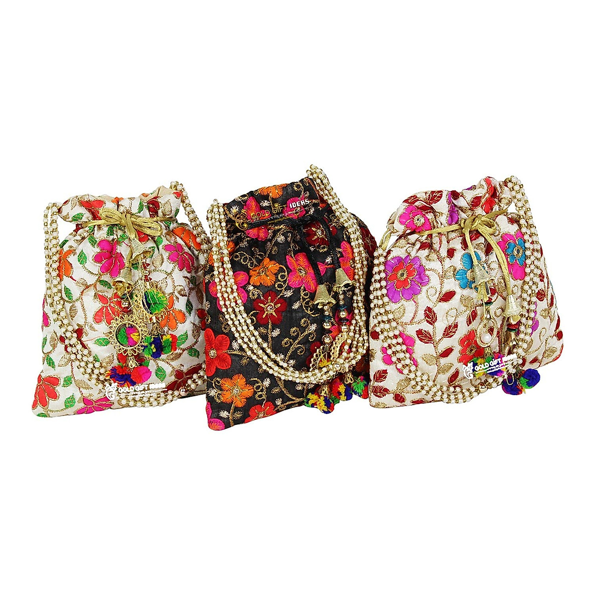 GoldGiftIdeas Ethnic Kuchhi Flower Embellished Potli Bags with Pearl Handle, Potli Bags for Return Gift, Bridal Potli Bags for Wedding,Shagun Potlies, Traditional Party Favor Bags (Set of 3)