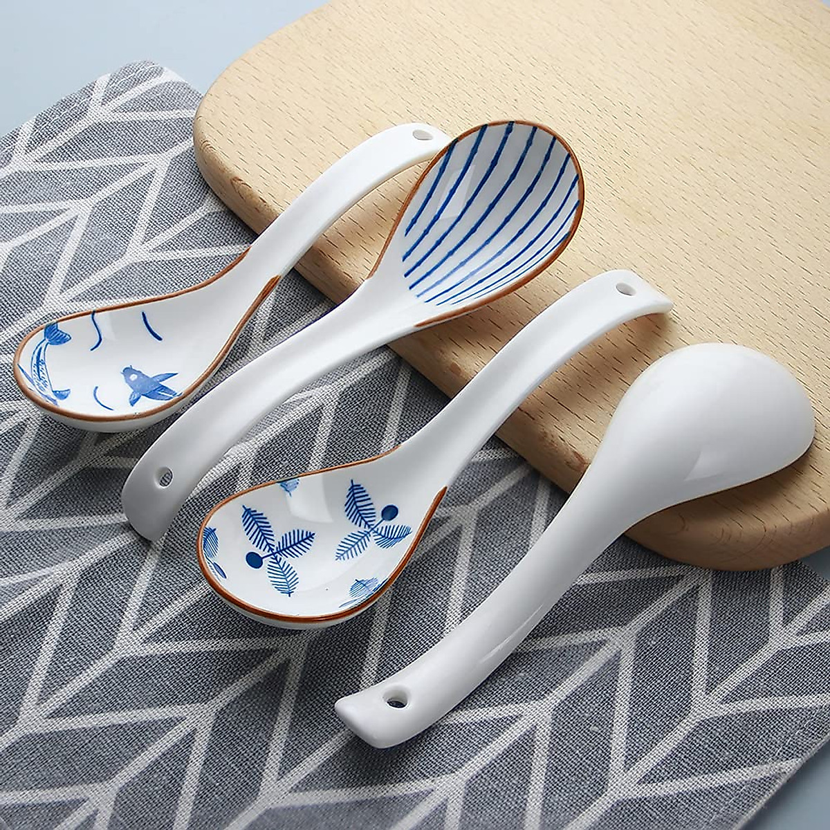 IQCWOOD Porcelain Soup Spoons, 6.2 inch Asian Soup Spoons, Ramen spoons, Japanese soup spoons for Pho, Wonton, Noodles, Chinese Ceramic Rice Spoons, Set of 4