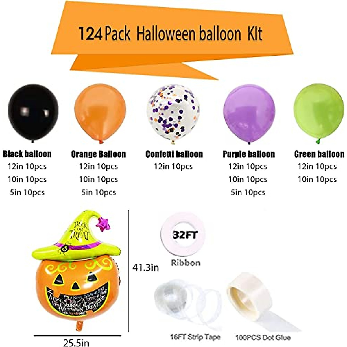 124 Pack Halloween Balloon Arch Garland Kit, Black Orange Green Purple Confetti Balloons and Mylar Pumpkin Balloon for Kids Halloween Birthday Party Decorations Supplies