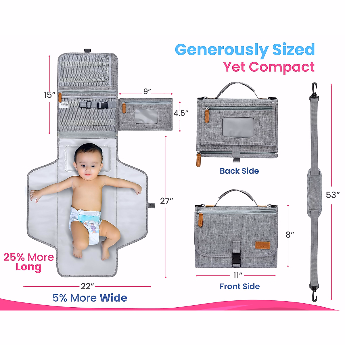 Portable Changing Pad with Shoulder Strap - Detachable Travel Changing Pad - Fully Padded, Lightweight & Waterproof - Diaper Changing Pad - Baby Shower Gifts - Changing Mat (27"x22")