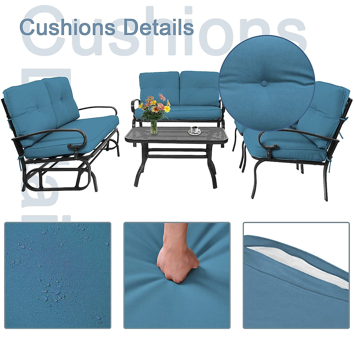 Incbruce 5 Pcs(6 Seats) Outdoor Metal Furniture Sets Wrought Iron Patio Conversation Sets, (Glider, 2 Single Chairs, Loveseat, and Coffee Table) with Cushion (Peacock Blue)