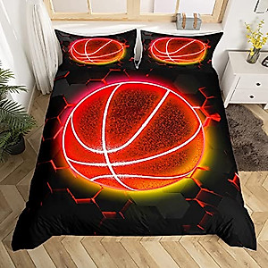 Kids Basketball Duvet Cover Set Boys Neon Red Geometric Honeycomb Hexagon Bedding Set for Teens Men Room Decor Fashion Balls Sport Gaming Comforter Cover Modern Black Quilt Cover 3pcs Queen Size