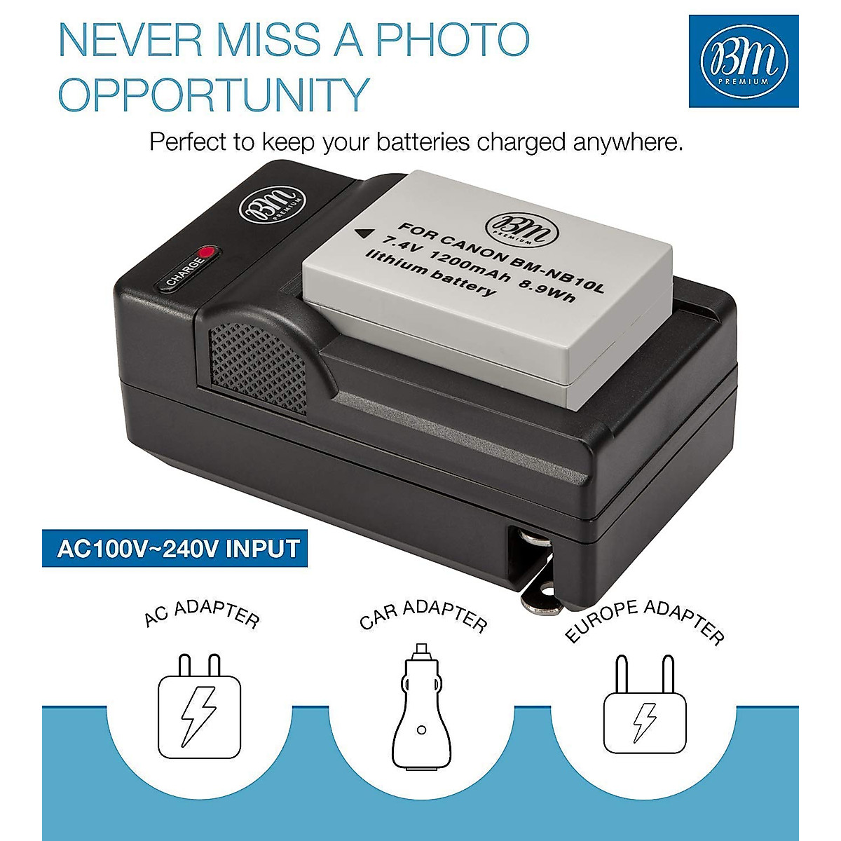 BM Premium 2 Pack of NB-10L Battery and Charger Kit for Canon PowerShot G15, G16, G1X, G3X, SX40 HS, SX40HS, SX50 HS, SX60 HS Digital Camera