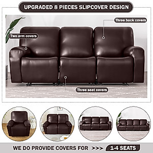 vctops 8 Pieces Waterproof Faux PU Leather Recliner Sofa Covers Stretch Soft 3 Seats Couch Cover Anti-Slip Sofa Slipcover Furniture Protector with Elastic Bottom for Kids Pet(Dark Coffee,3 Seat)