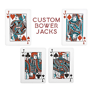 Brybelly Euchre Card Game - 2 Specialty Decks Pre-Stripped to 33 Cards for Classic American Euchre or 32 Card 6-Player Variant - Custom Bower Jacks Card Art and Blank Counter Cards Included