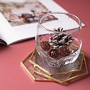 Glass Gold Coasters for Drinks, 6 Pcs Cup Coaster Set with Carved Glass Stylish for Coffee Tea Wine Coasters for Bar with Brass Edge Hexagon and Square Coasters Home Decor
