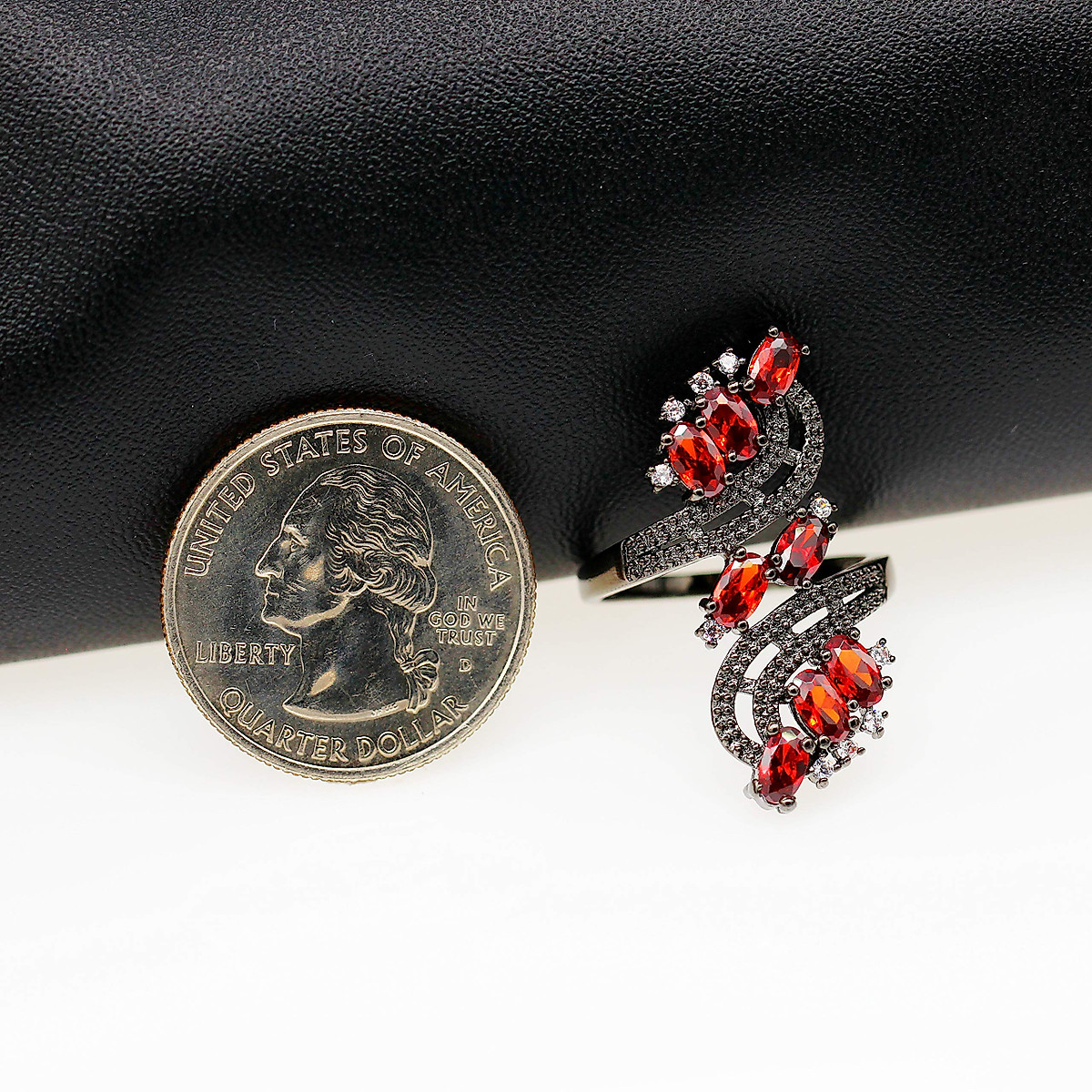 Uloveido Black Plated Wide Flower Ring with Red CZ Stones Created Ruby Diamond Unique Wedding Engagement Promise Jewelry (Red, Size 8) J656