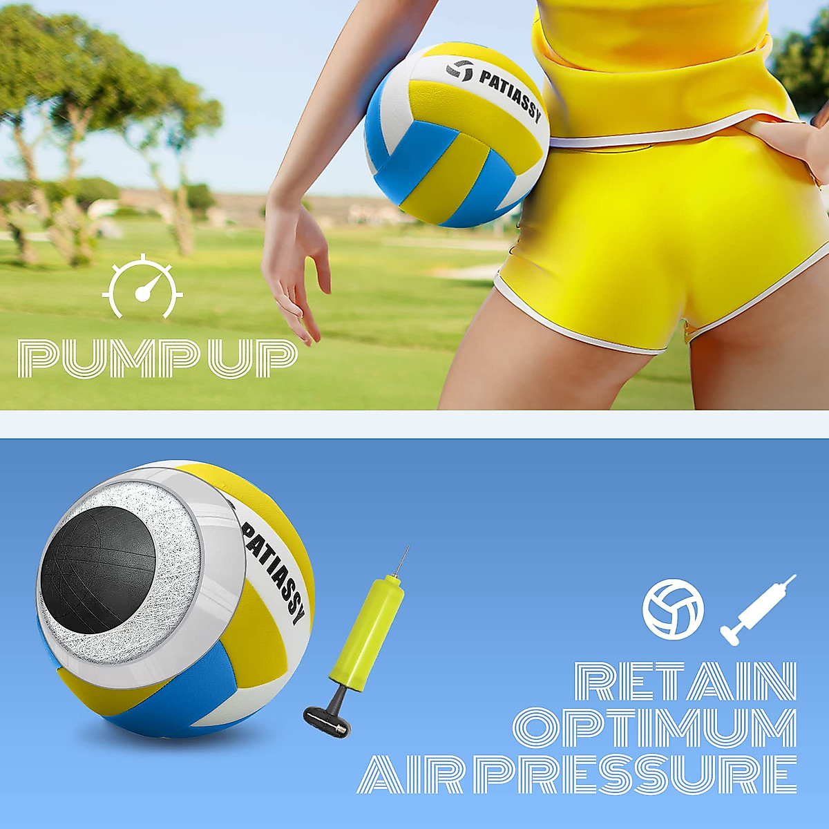 Patiassy Outdoor Portable Volleyball Net Set System - Quick & Easy Setup Adjustable Height Steel Poles, PU Volleyball with Pump and Carrying Bag for Beach Backyard (Yellow)