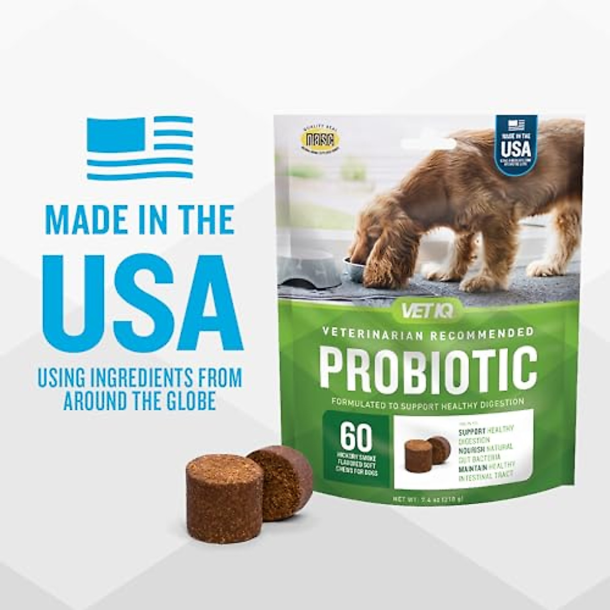 VetIQ Probiotic Supplement for Dogs, Digestive Support for Dogs, Nourishes Gut Bacteria and Supports Bowel Function, Hickory Smoke Flavor, Made in The USA, 60 Count